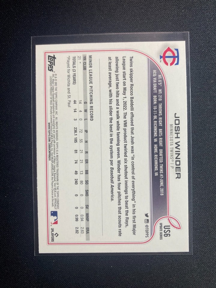 2022 Topps Update Series Josh Winder RC #US6 Rookie Minnesota Twins | eBay