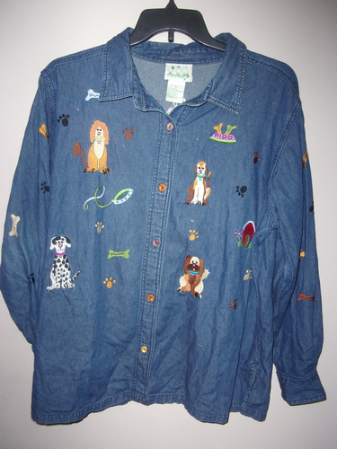 THE QUACKER FACTORY EMBROIDERED DOG BUTTON-UP DENIM SHIRT PLUS SIZE 1X ...