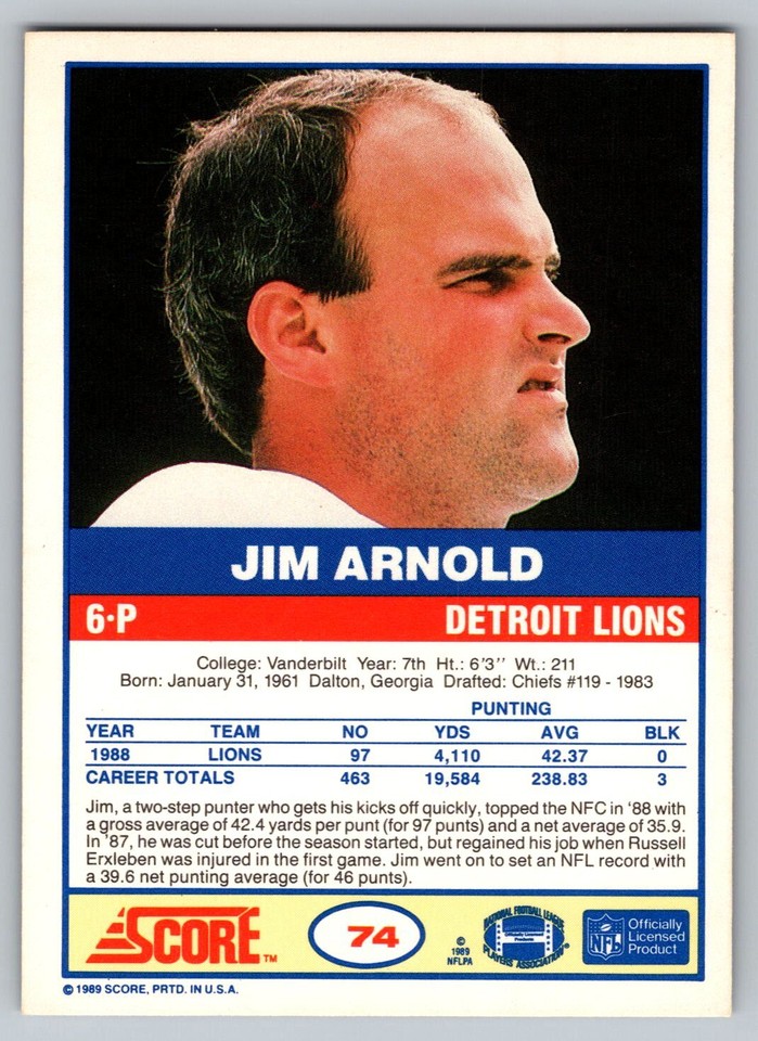 1989 Score #74 Jim Arnold NEAR MINT | eBay