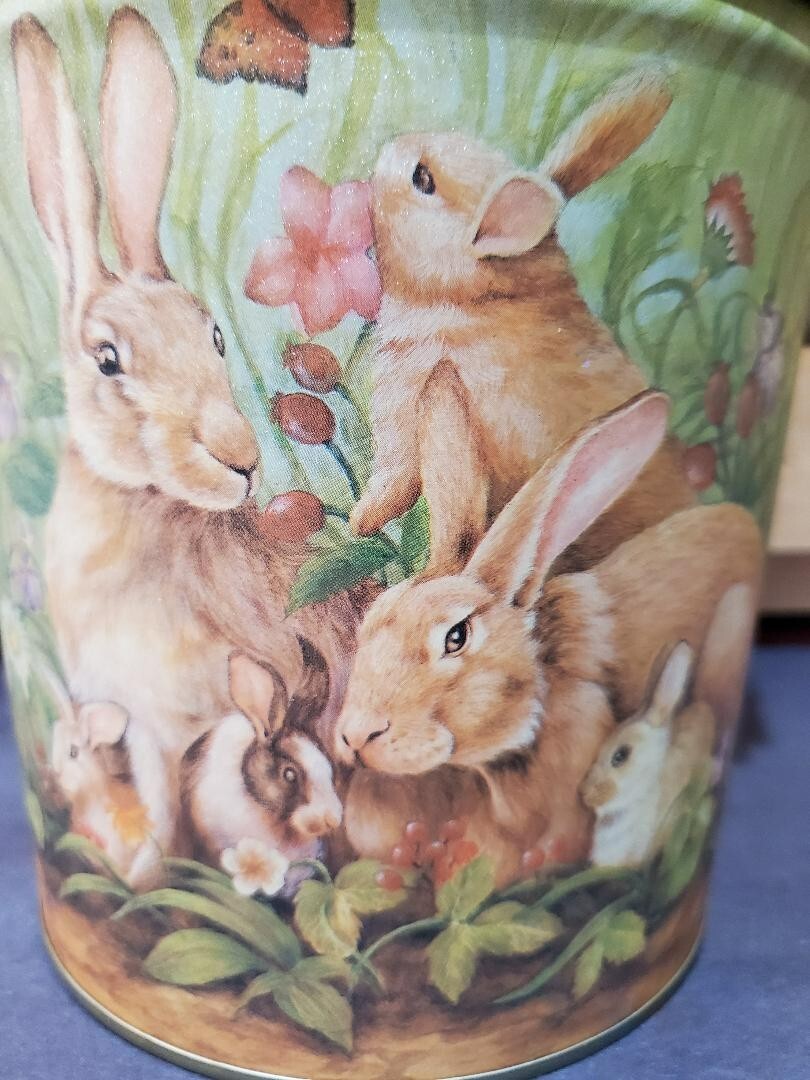 1992 YF TIN #2032 BUNNY RABBITS W/ BABIES IN A FLOWERED MEADOW EMPTY ...