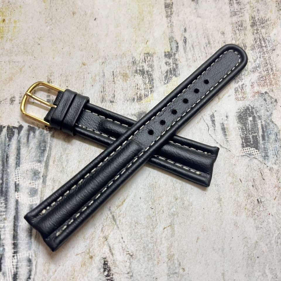 Contrasting stitching black 16mm vintage watch strap padded centers 1960s stock | eBay