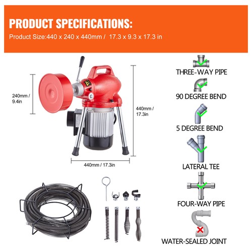 Drain Cleaner Machine 66FT x 5/8In 250W Sectional Snake Auger Manual ...