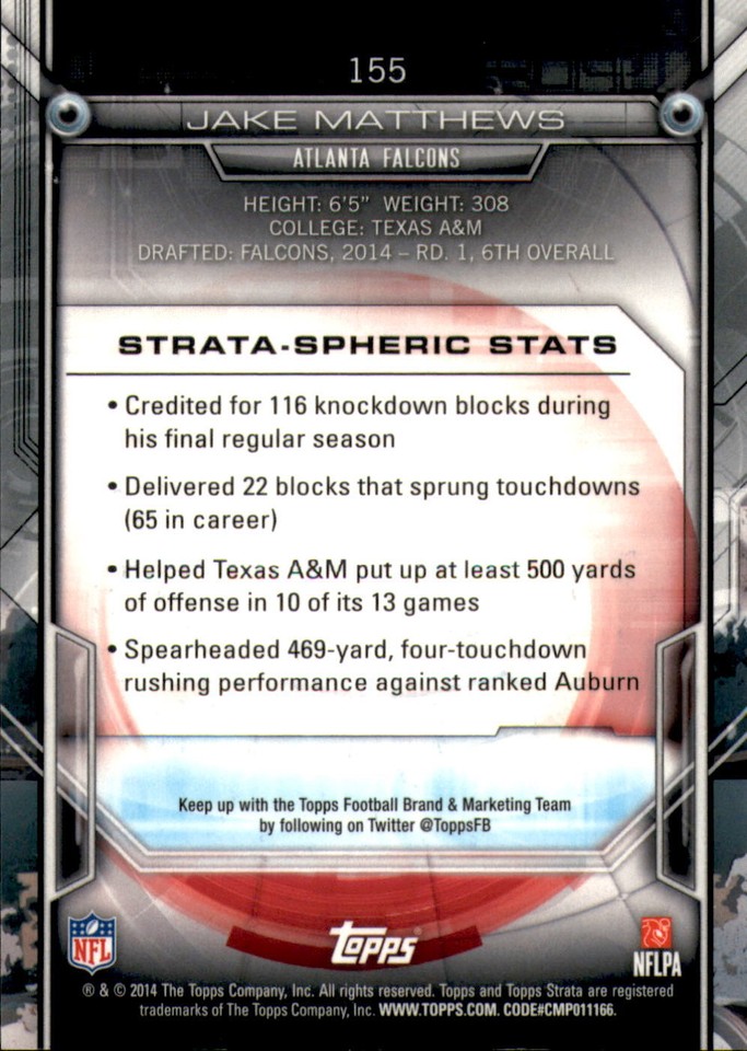 2014 Topps Strata Black #155 Jake Matthews RC Rookie Card | eBay