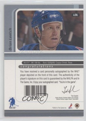 2001-02 ITG Be A Player Signature Series Auto Brian Leetch #LBL Auto ...
