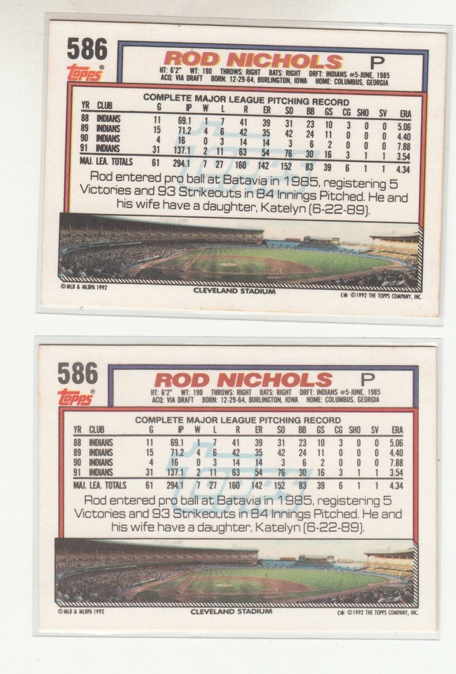 ROD NICHOLS 1992 Topps #586 Error/Variation Name Banner Blue Purple ...