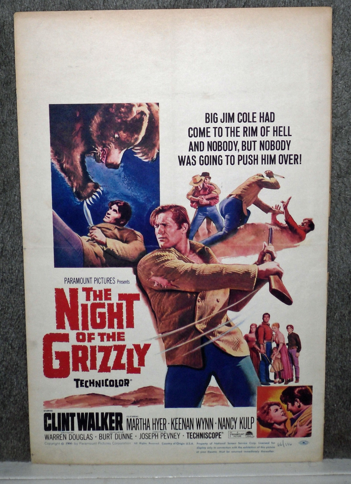 THE NIGHT OF THE GRIZZLY original 1966 movie poster CLINT WALKER/MARTHA ...