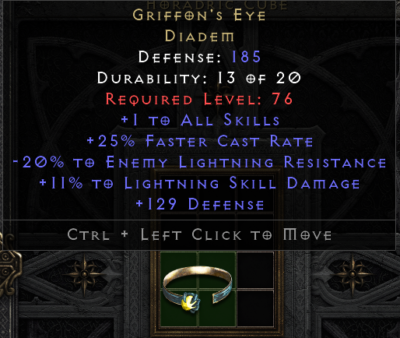 Griffon's Eye Diadem -20 +11 - Diablo 2 D2R Non-Ladder Softcore PC/PS ...