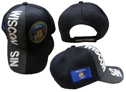 Wisconsin State Black With White Letters Patch On Side Embroidered Hat ...