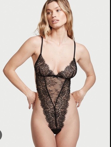 Victorias Secret Sheer Bodysuit Black unlined Corded lace Teddy Lingerie Medium | eBay