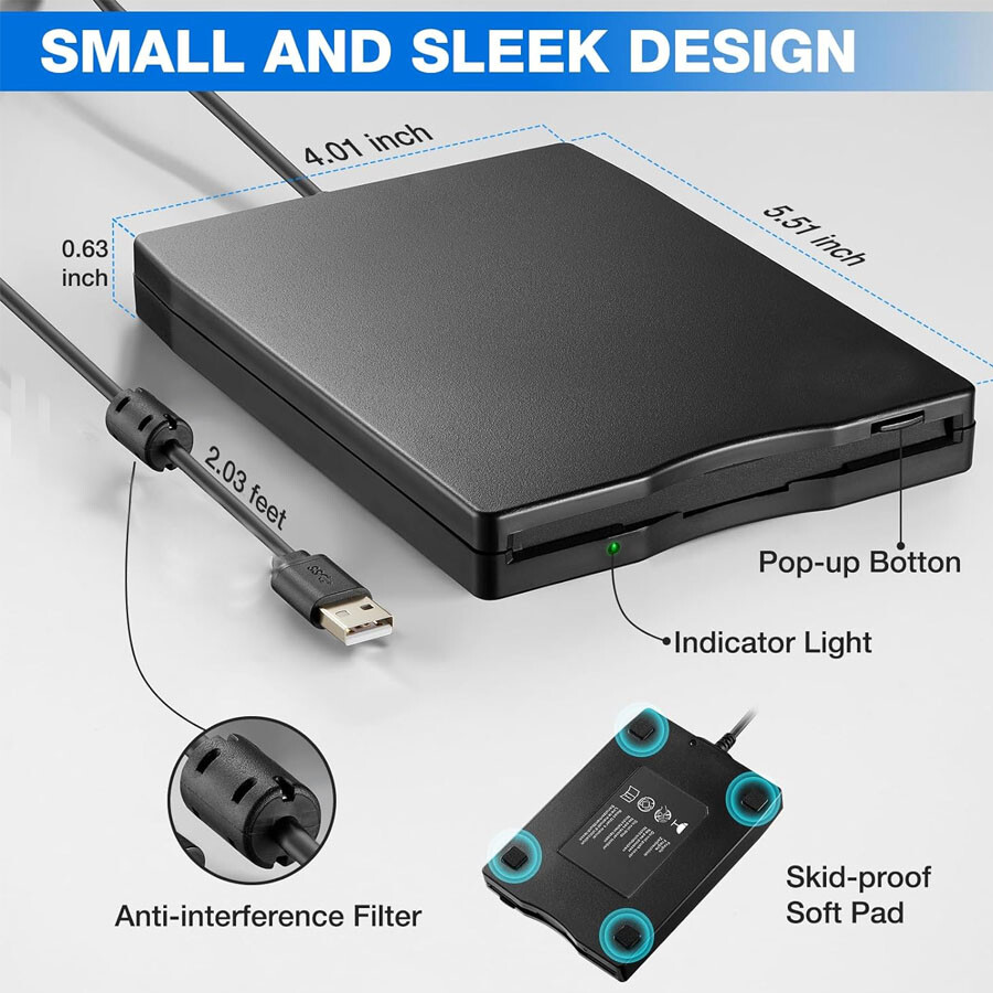 USB 2.0 3.5 inch Portable External Floppy Disk Drive 1.44Mb Reader FDD ...