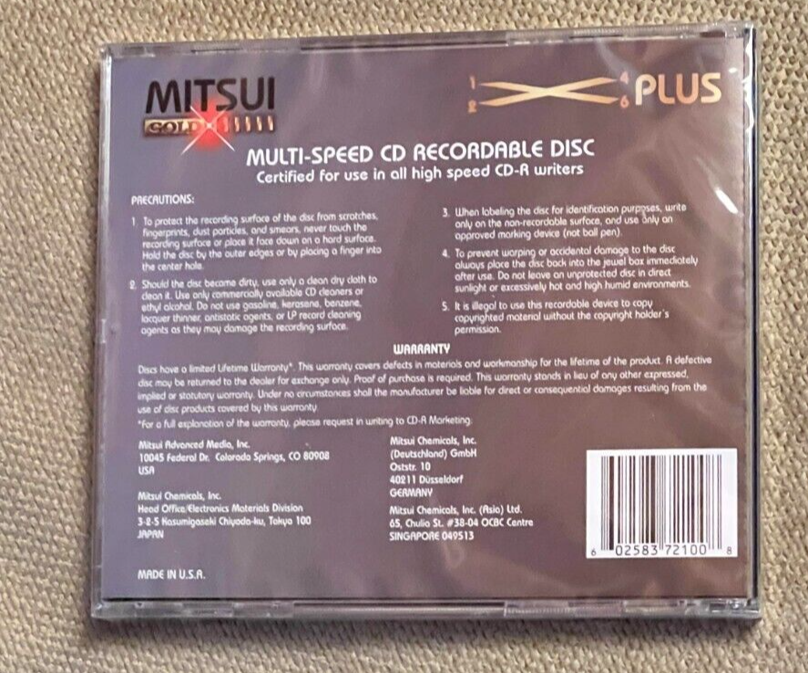 MITSUI Gold CD-R gold foil 100+ yr Archive CD LIFETIME Mfn Warrantee ...