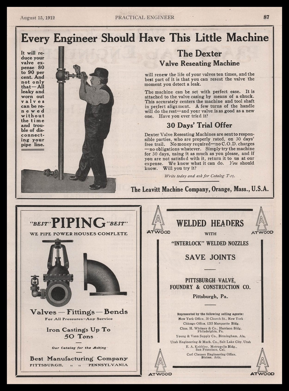 1912 Leavitt Machine Dexter Valve Reseating Machines Orange New Jersey ...