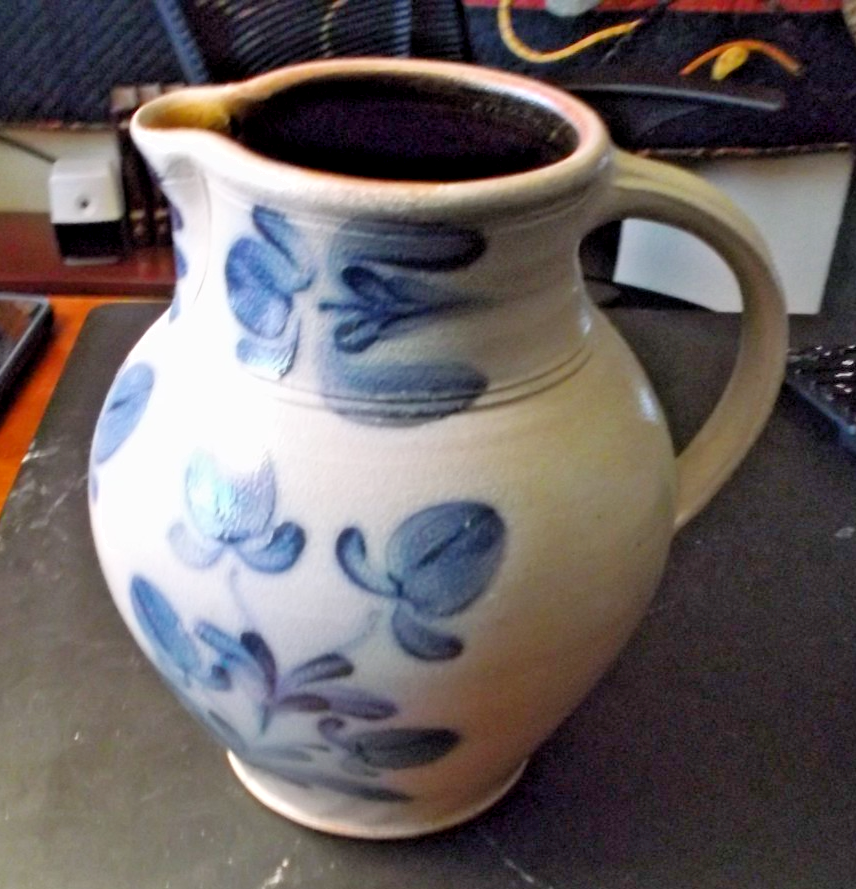 Vintage Wisconsin Pottery Flower Pitcher 9 inch Cobalt Salt Glaze ...