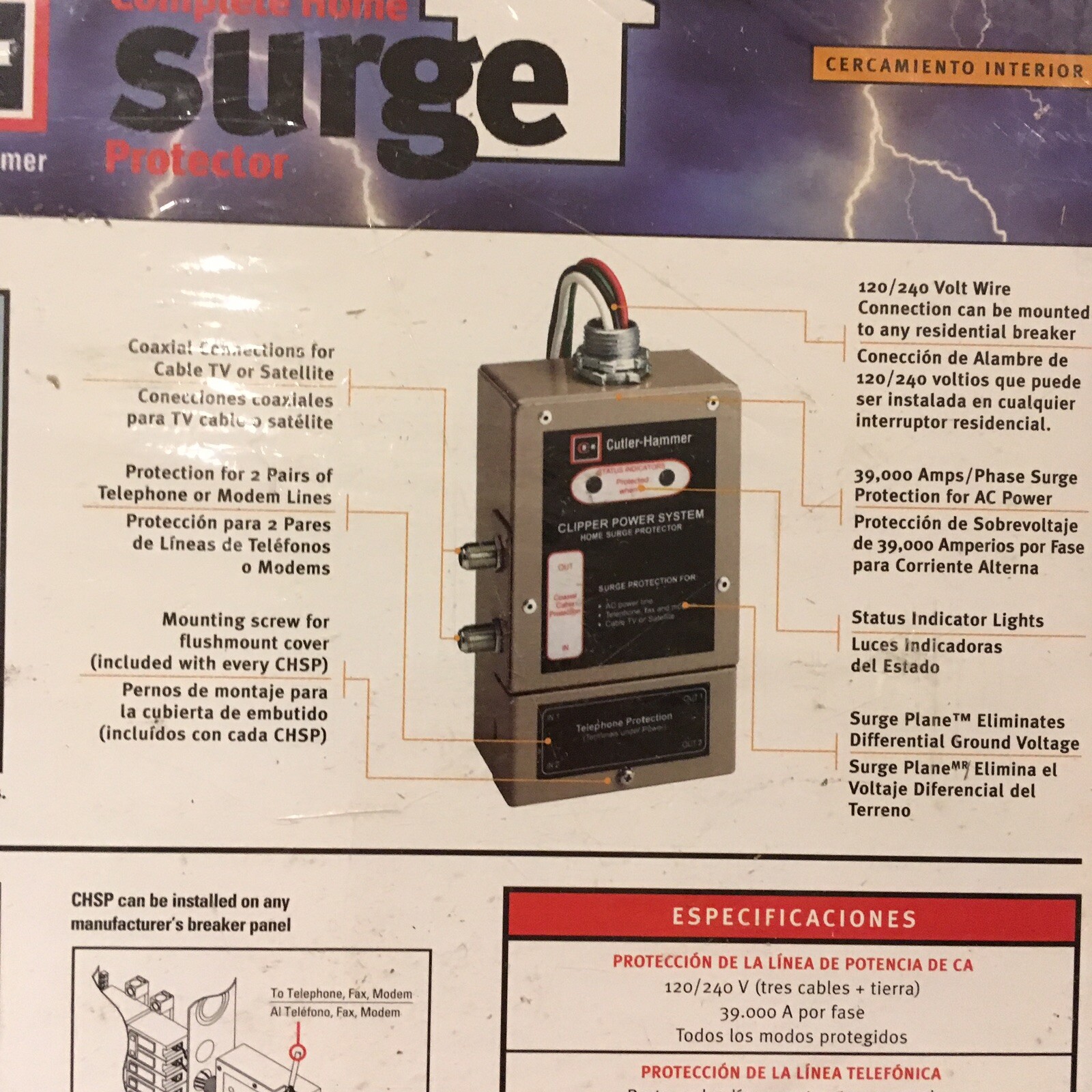 Cutler Hammer Complete Home Surge Protector 39,000 Amps + Coax Phone ...