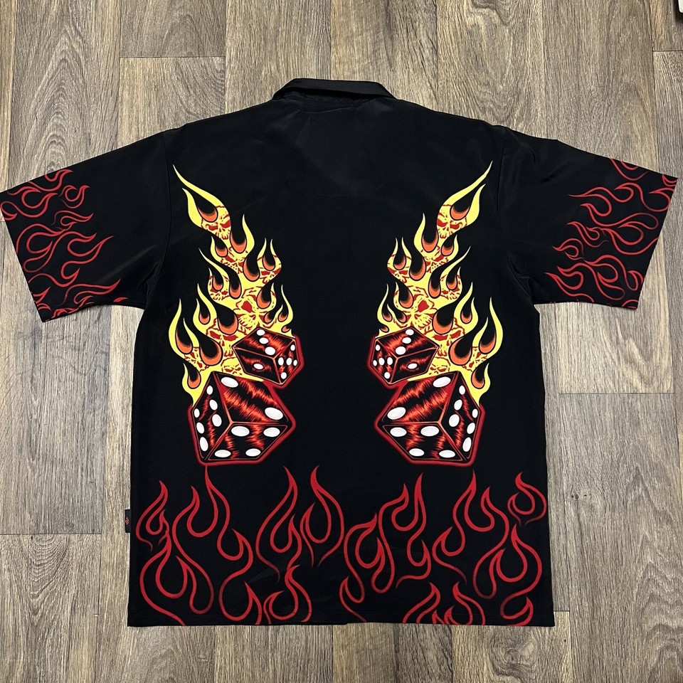 Vintage Dragonfly Shirt Mens large Black Red Dice Flames Bowling Rave ...
