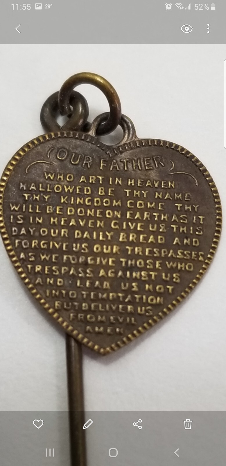 Vintage Lord's Prayer Dangle Heart Charm Stick Pin - Gem