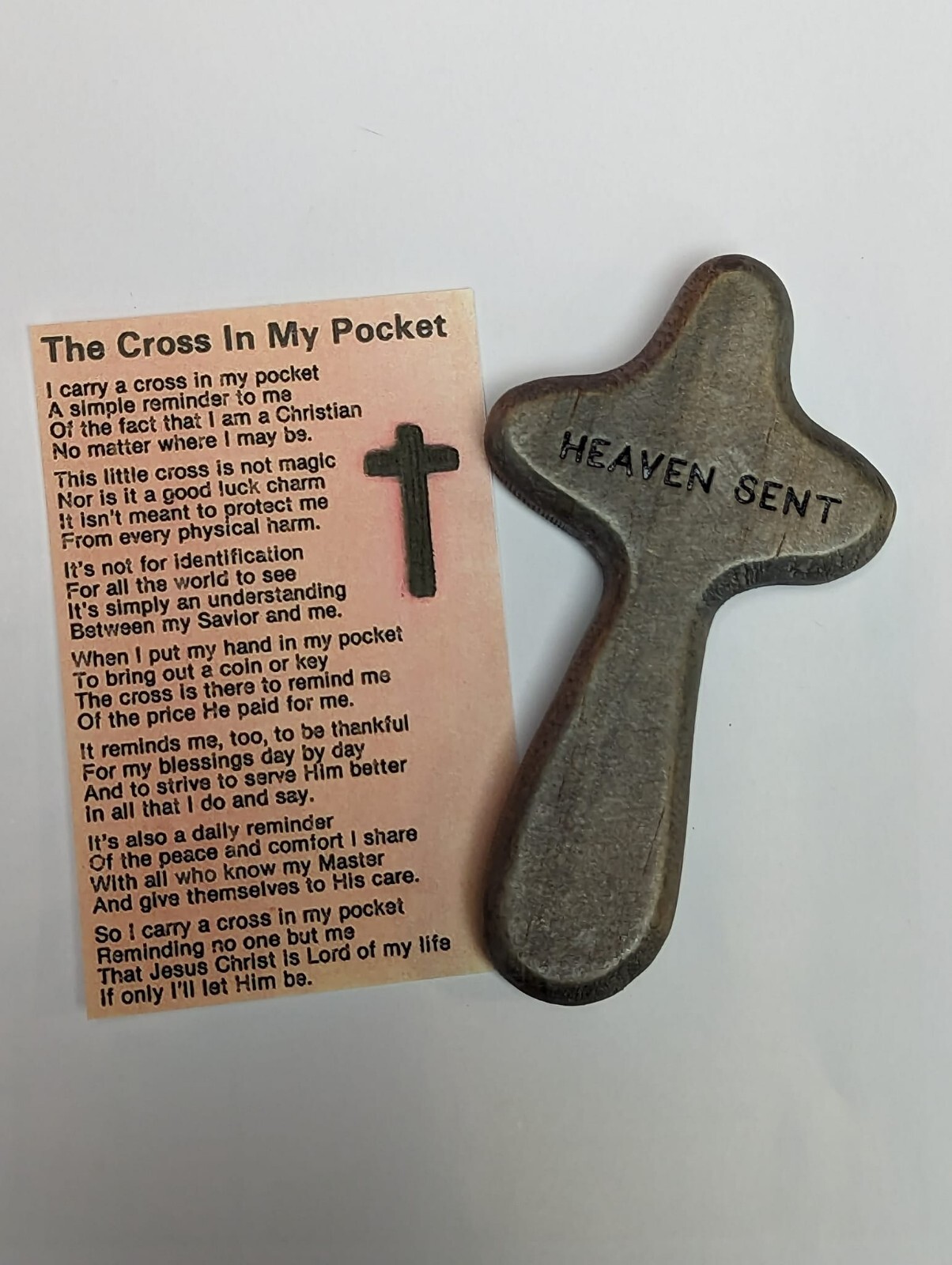 The Cross In My Pocket poem card with a 2X4" WOODEN Heaven Sent HAND ...
