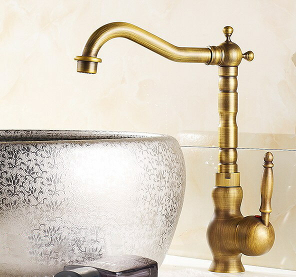 Antique Brass Bathroom Kitchen Bar Vessel Sink Swivel Faucet Mixer Tap ...