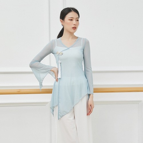 Women Dance Training Tops Mesh Sheer Shirt Side Slit Hanfu Ballet ...