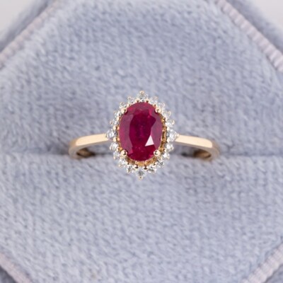 14k Yellow Gold 2.20CT Oval Natural Ruby & Diamond Halo Ring Women's ...