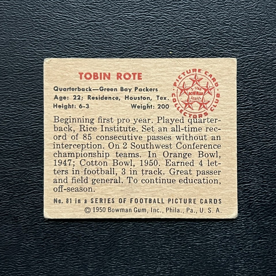 1950 Bowman Vintage Football card #81, TOBIN ROTE, Green Bay Packers ...