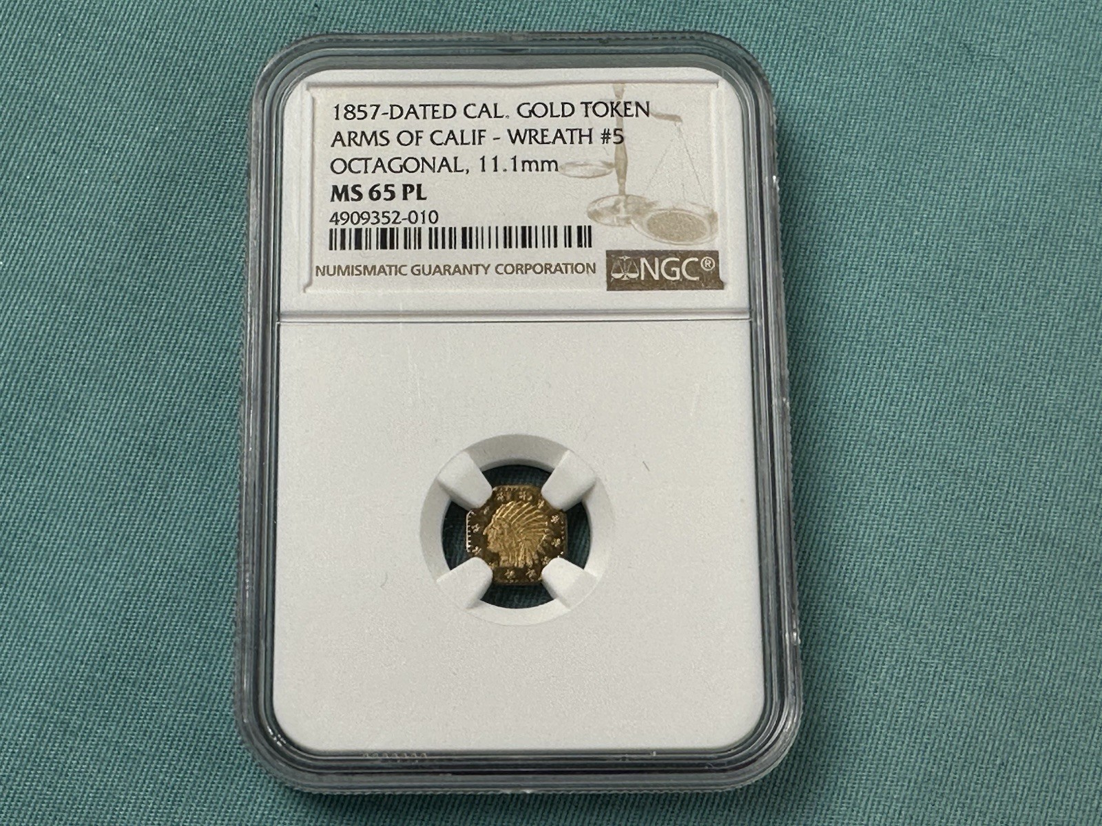 1857 California Gold Octagonal Token NGC MS65 PL Arms of Calif Wreath ...