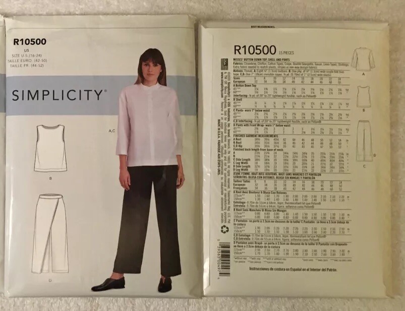 Simplicity Pattern R10500/9112 Button Down Top,Shell,Pants 16-24 NEW | eBay