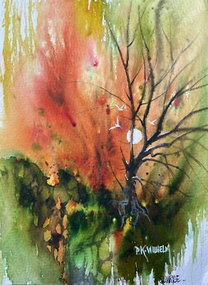 Pamela Wilhelm original Watercolor 5”x7” Canyon Moon Sunset Tree Cliff ...