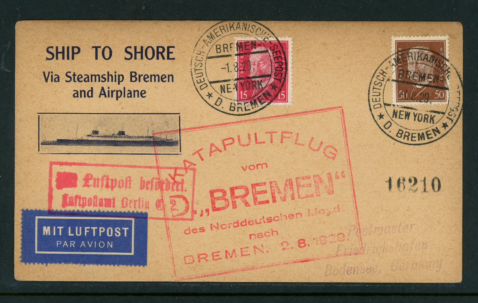 1929 Catapult Cover Ship to Shore Air Mail BOB Germany to USA Bremen ...