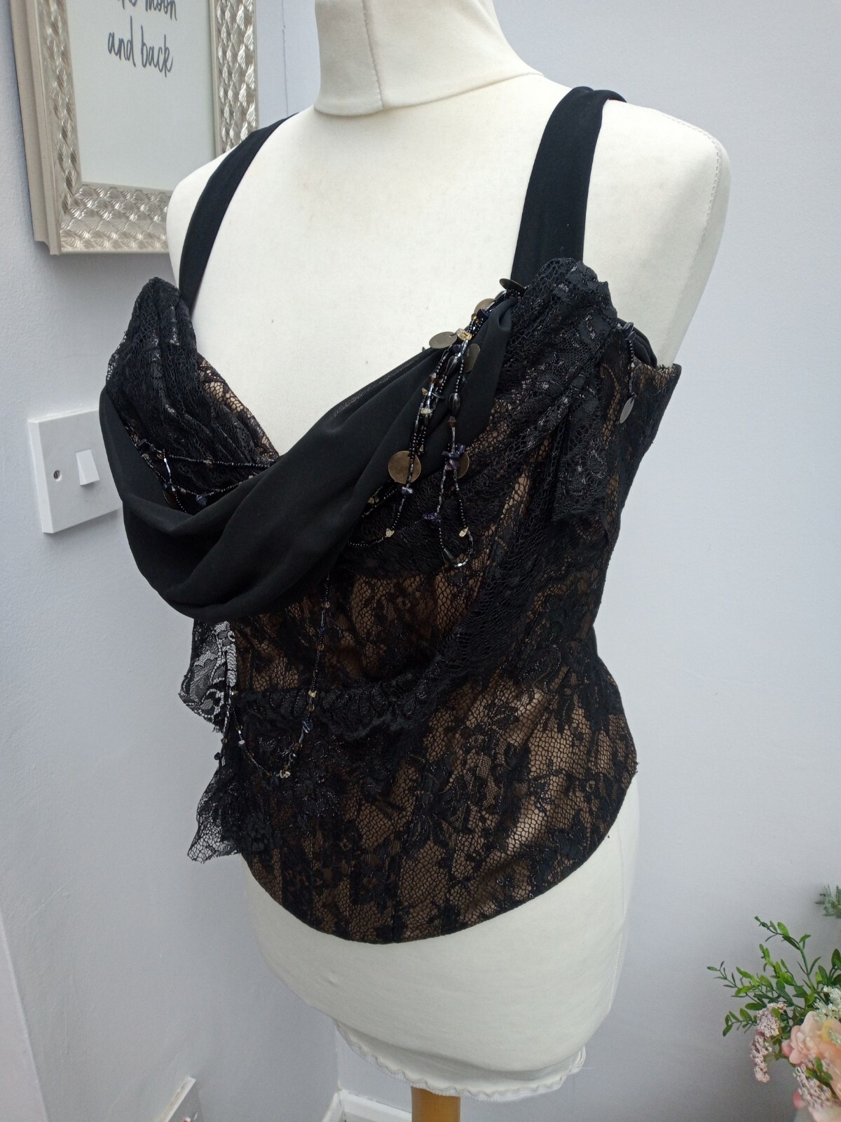 Vintage John Charles Black Gold Lace Basque UK 14 Ste… - Gem