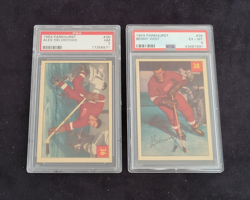 PARKHURST 1954-55 GRADED LOT ALEX DELVECCHIO #36 PSA 7 BENNY WOIT #38 ...
