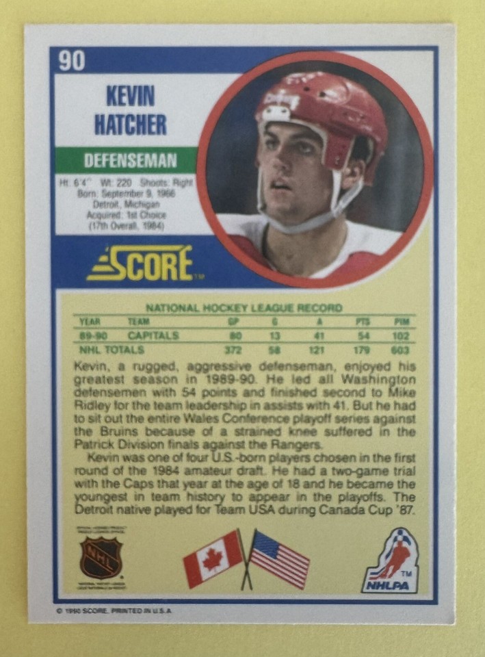 1990 Score Hockey Card #90 Kevin Hatcher - Washington Capitals | eBay