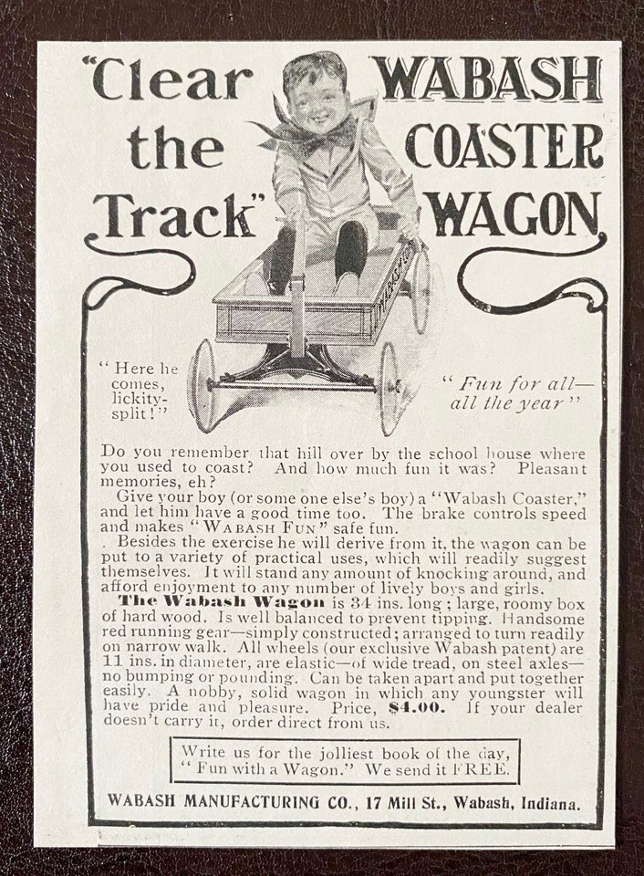 Antique WABASH COASTER WAGON Indiana,Boy/Kid in Pedal Push Toy Vtg 1906 Print Ad | eBay