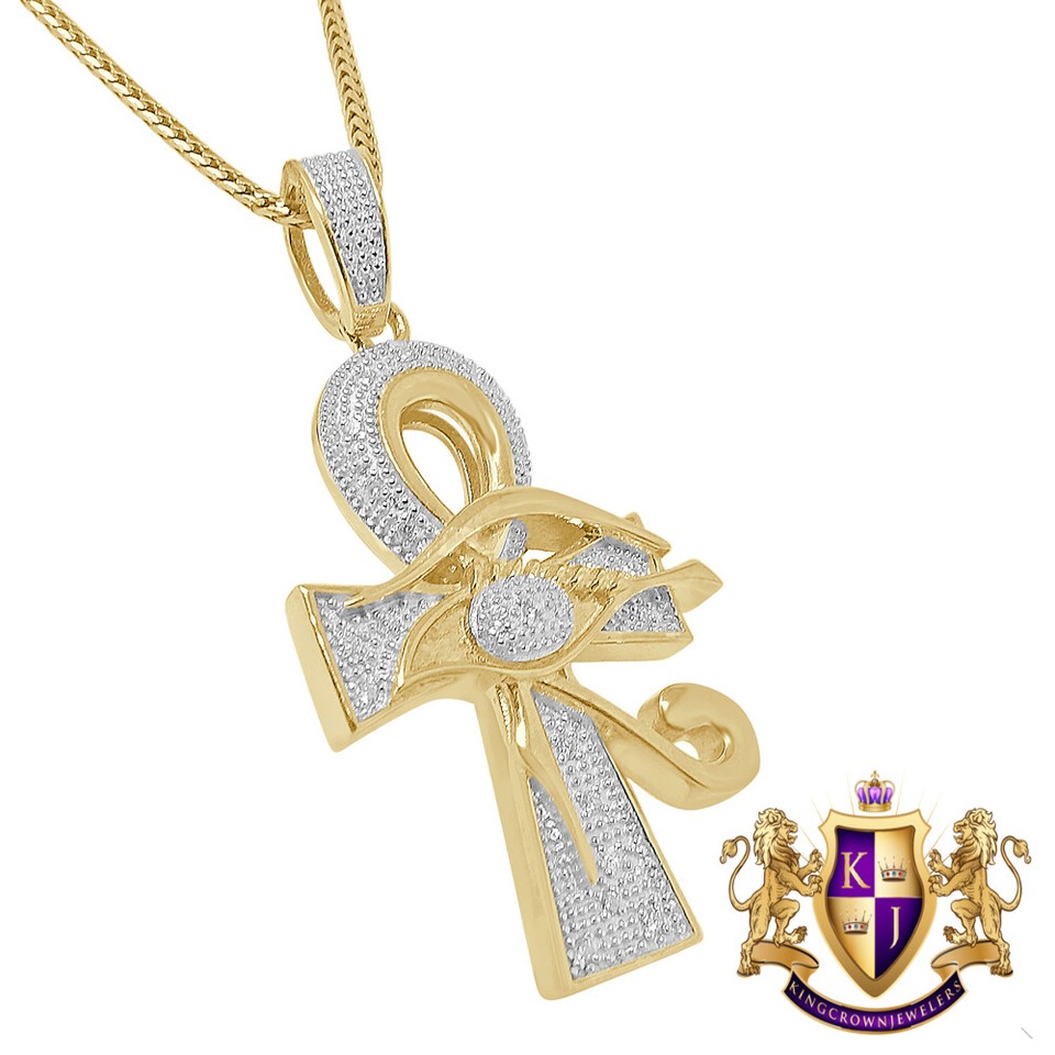Real Diamond 10K Gold Over Ankh Cross Eye Of Horus Pendent Charm Chain ...