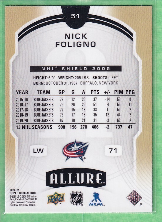 2020-21 UD Allure 2005 NHL Shield Error Back #51 Nick Foligno | eBay