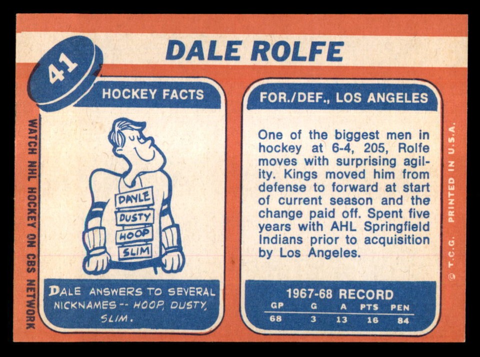 1968-69 Topps Hockey #41 Dale Rolfe NM (2) | eBay