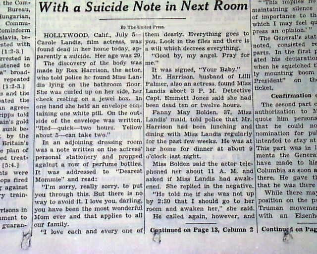 Carole Landis Suicide Note