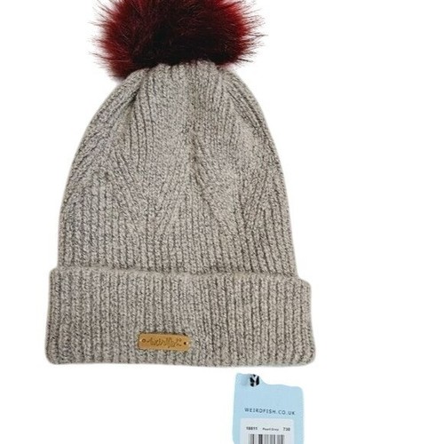 Weird Fish NWT Pearl Gray Knit Beanie Hat with Burgundy Faux Fur Pom ...