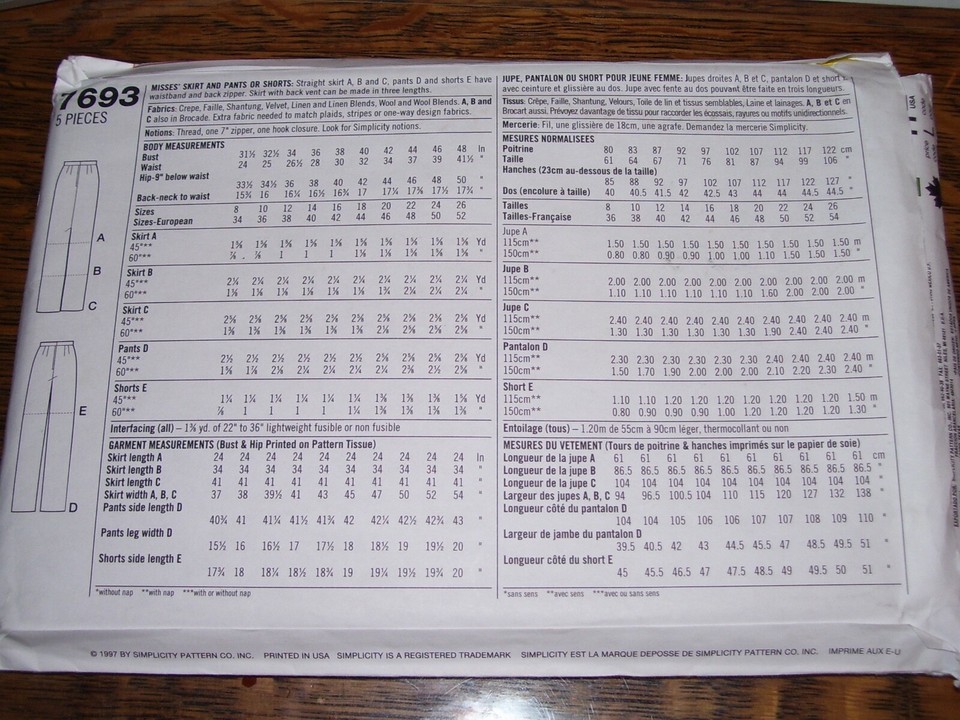 🌹UNCIRCULATED SIMPLICITY #7693-LADIES (2 HR) SKIRT-PANT & SHORTS ...