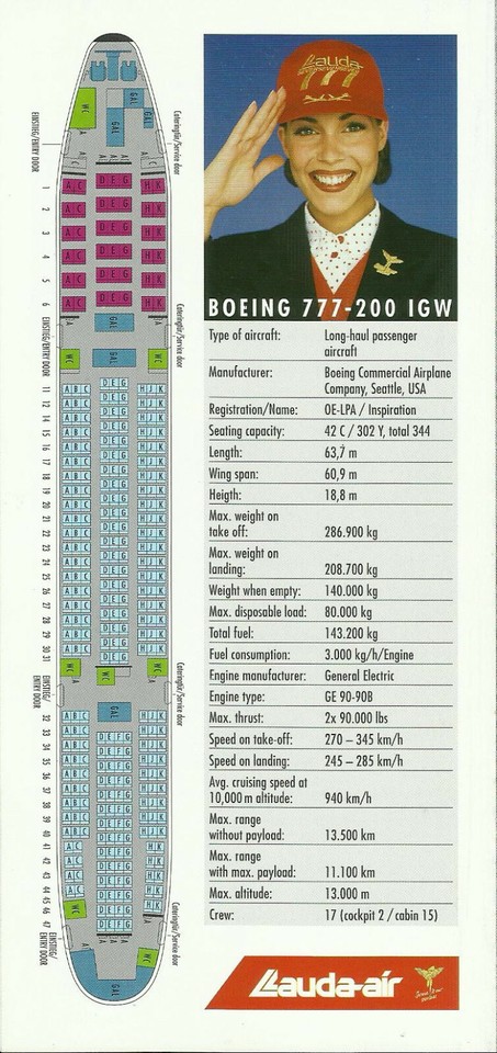 LAUDA AIR AIRLINES B777 INTRO BROCHURE 1990s CABIN CREW SEAT CHART | eBay