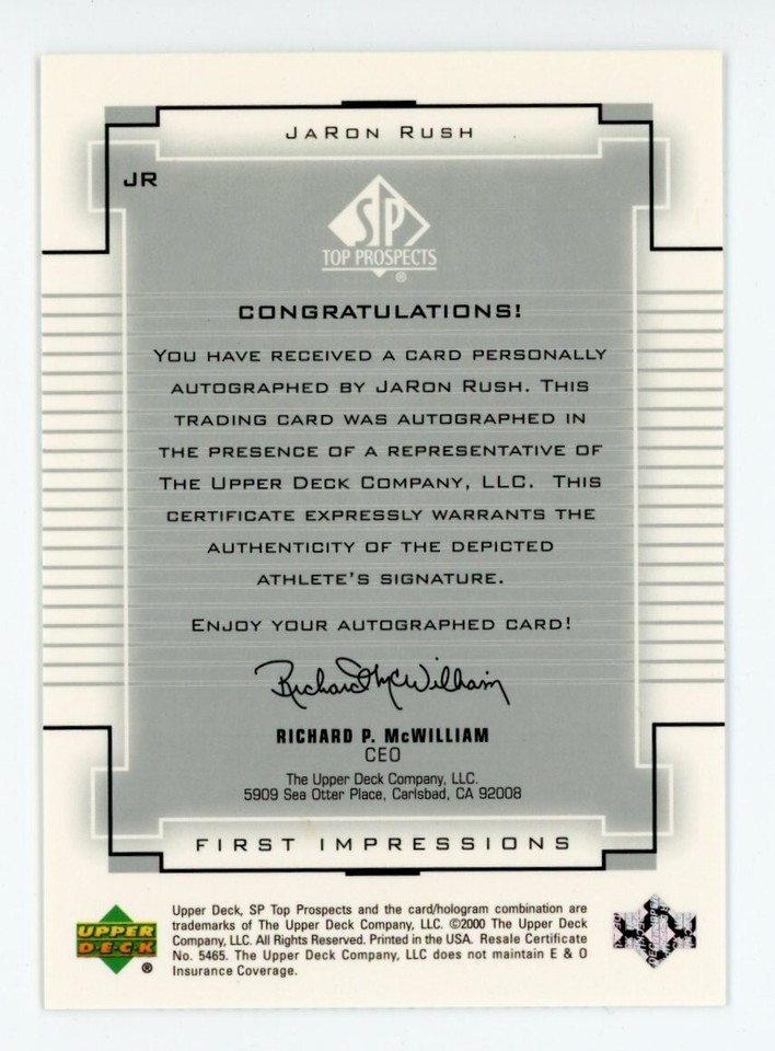 2000 SP Top Prospects First Impressions Auto - #JR JaRon Rush - UCLA ...
