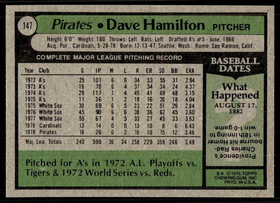 1979 Topps Dave Hamilton Pittsburgh Pirates #147 | eBay