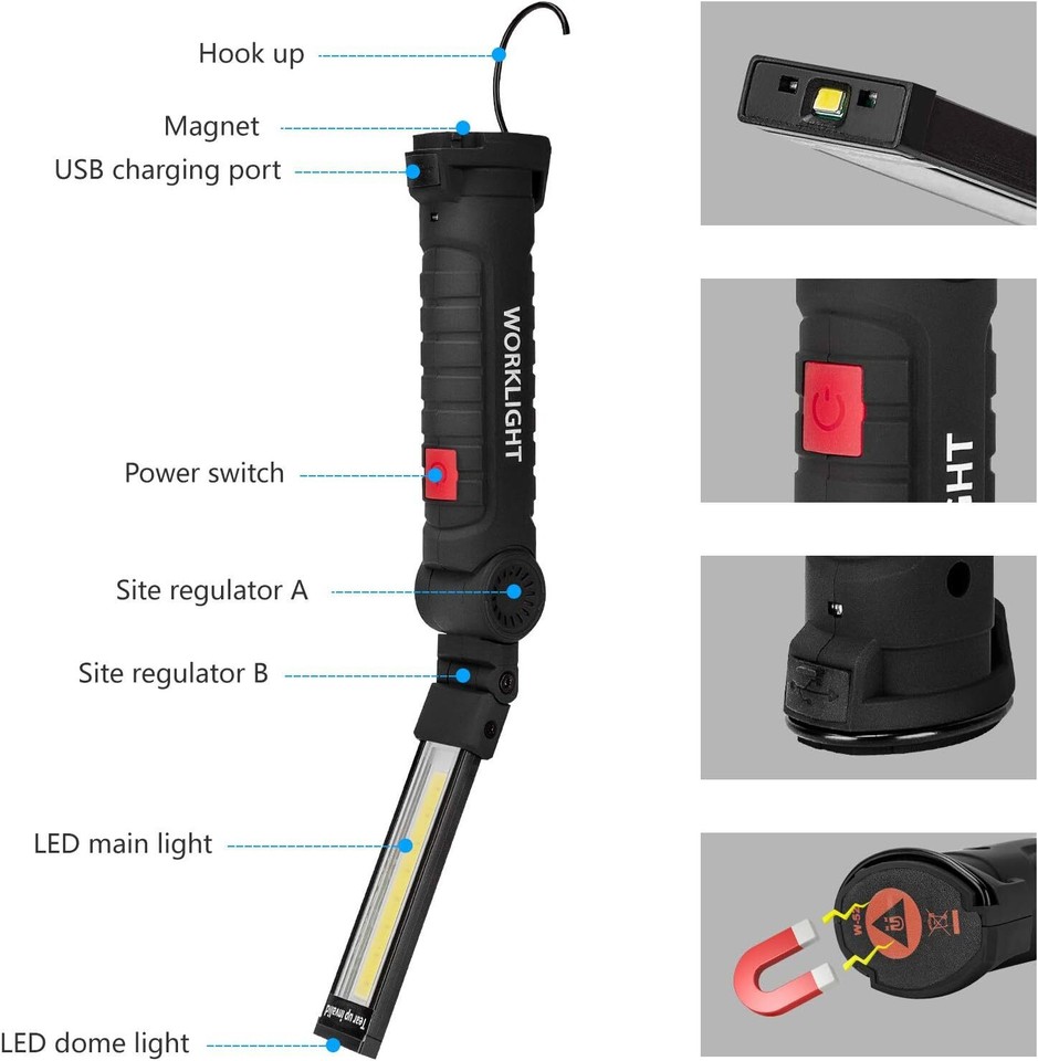 Rechargeable COB LED Slim Work Light Lamp Flashlight Inspect Folding ...