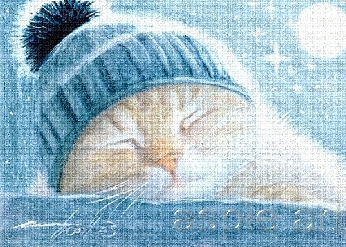 ACEO print limited edition ATC ginger cat with blue beanie by Anna Hoff ...