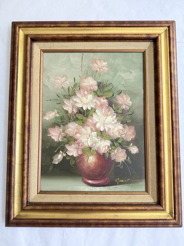 Vintage Oil Painting Pink Flowers In Vase Modern Signed Framed Robert ...