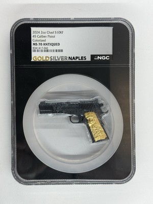2 Oz Silver Coin 2024 Chad .45 Caliber Pistol NGC MS 70 Antiqued ...