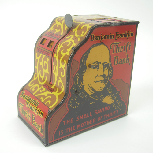 Vintage Marx Tin Litho Toy Benjamin Franklin Thrift Bank Cash Register ...