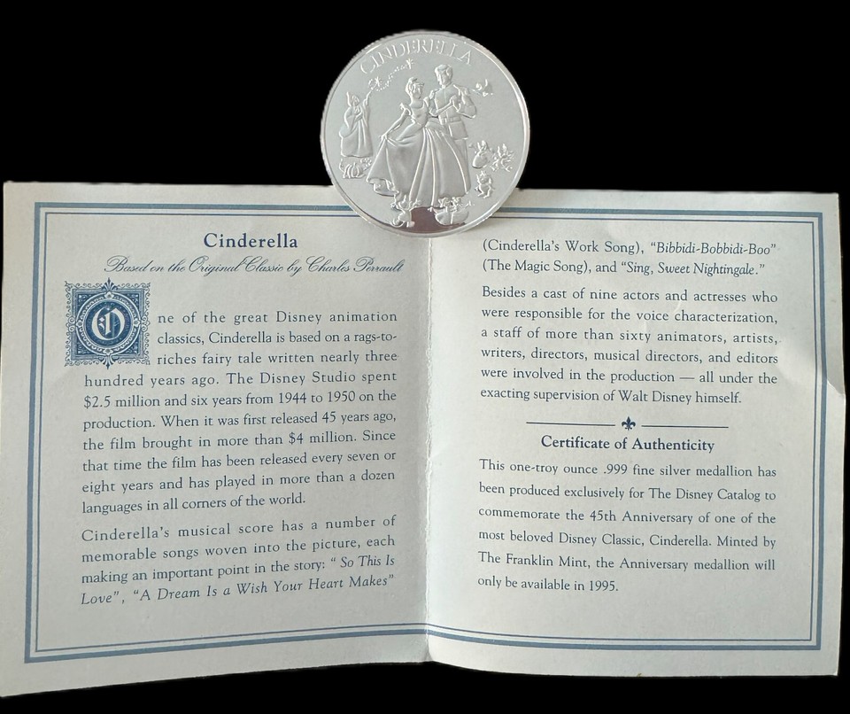1995 Disney Cinderella 45th Anniversary 1 oz .999 Silver Coin | eBay