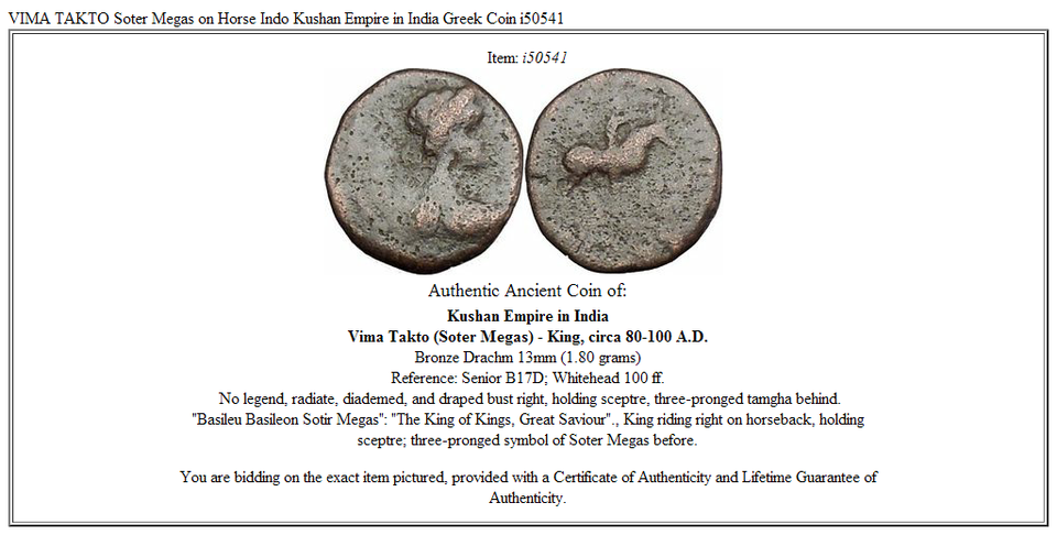 VIMA TAKTO Soter Megas on Horse Indo Kushan Empire in India Greek Coin ...