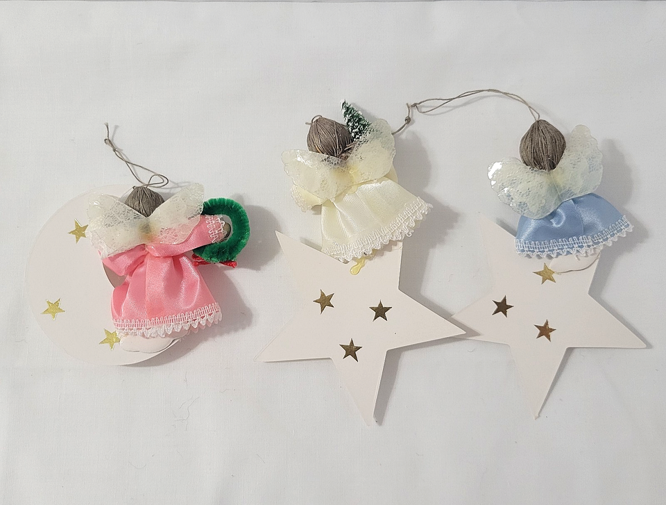 Vintage Lot 5 Angels Wooden with Satin + Lace on Celestial Half Moon or ...